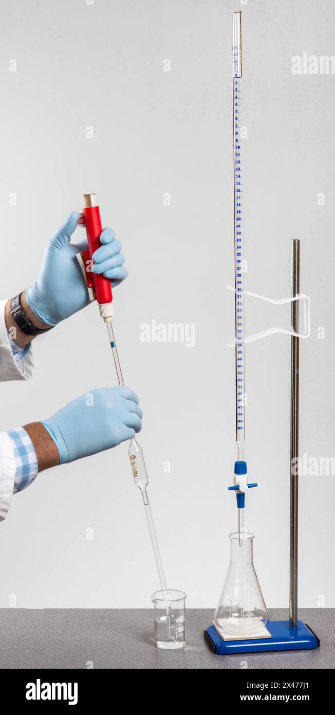 Chemist preparing an acid-base titration to determine the concentration ...