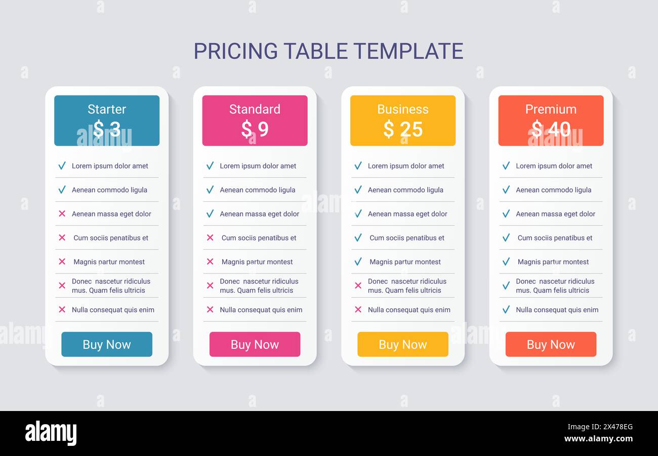 Price table template. Comparison chart layout. Vector. Pricing data grid. Spreadsheet page with ...