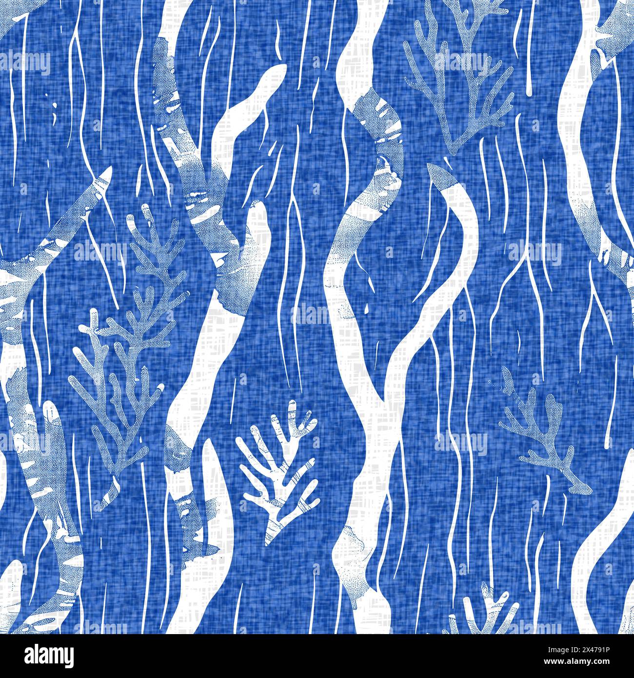 Whimsical seaweed kelp coastal electric blue beach pattern. Batik ...