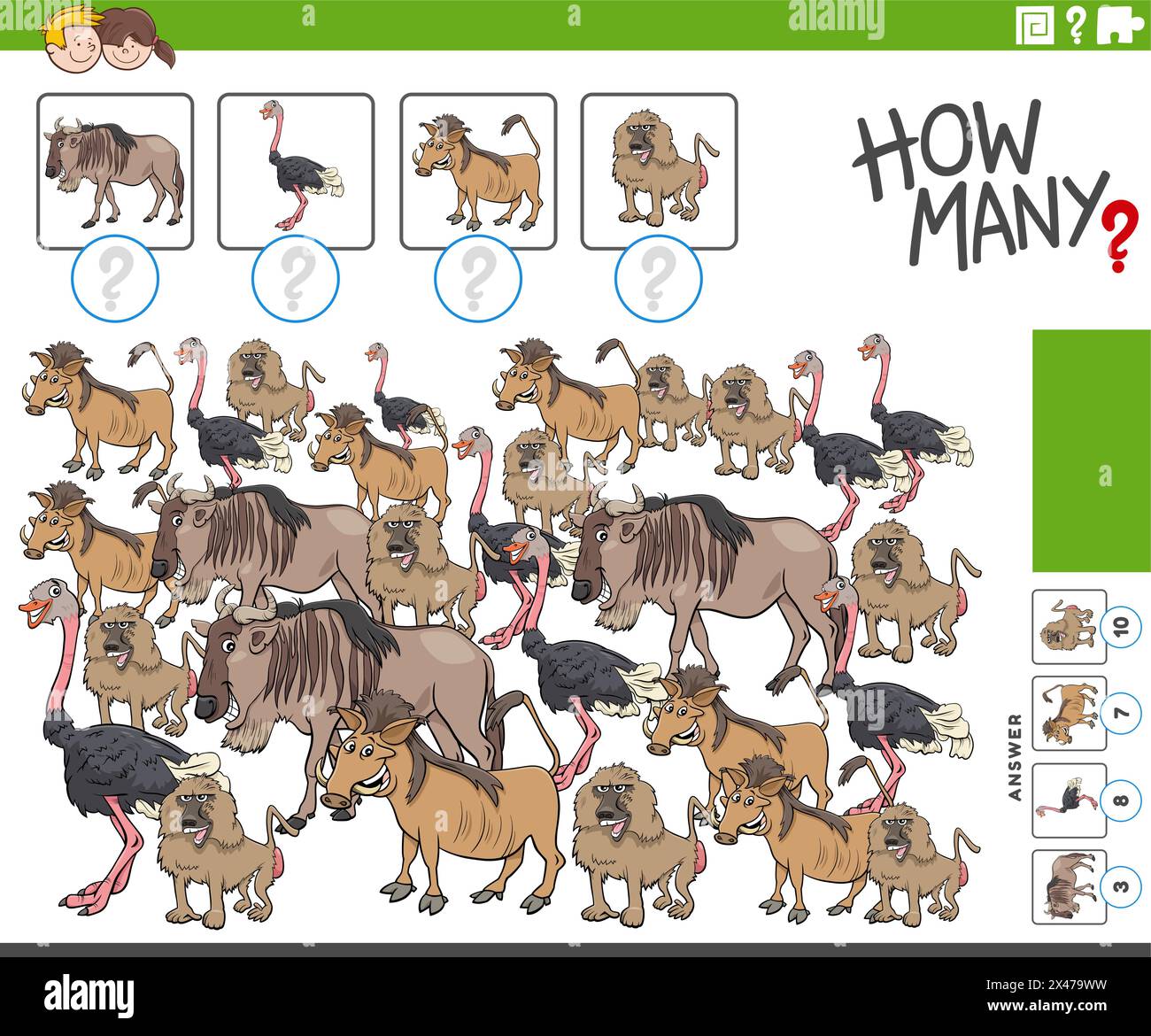 Cartoon illustration of educational counting game with comic wild ...