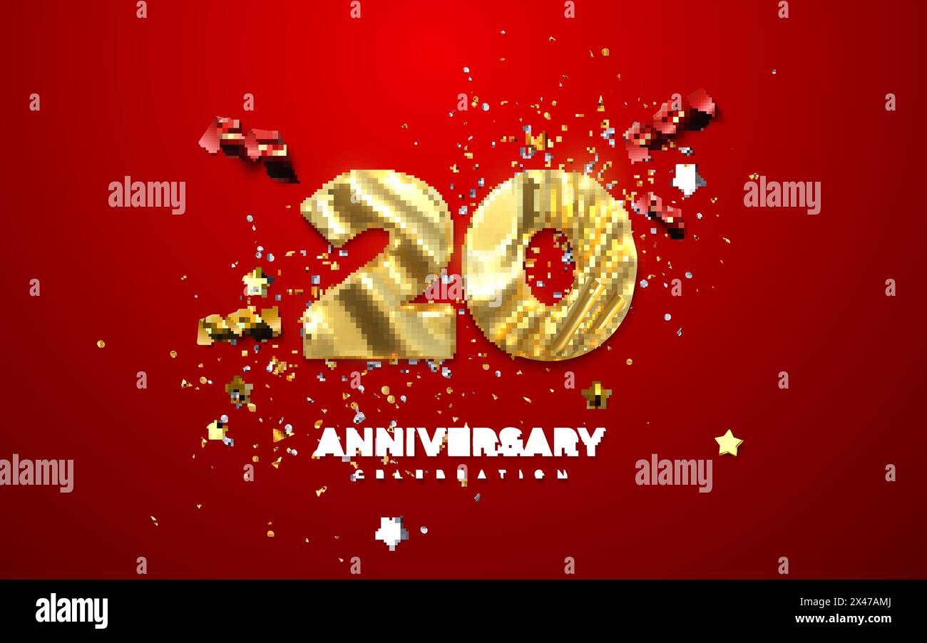 20th anniversary celebration sign with golden number 20 and confetti ...