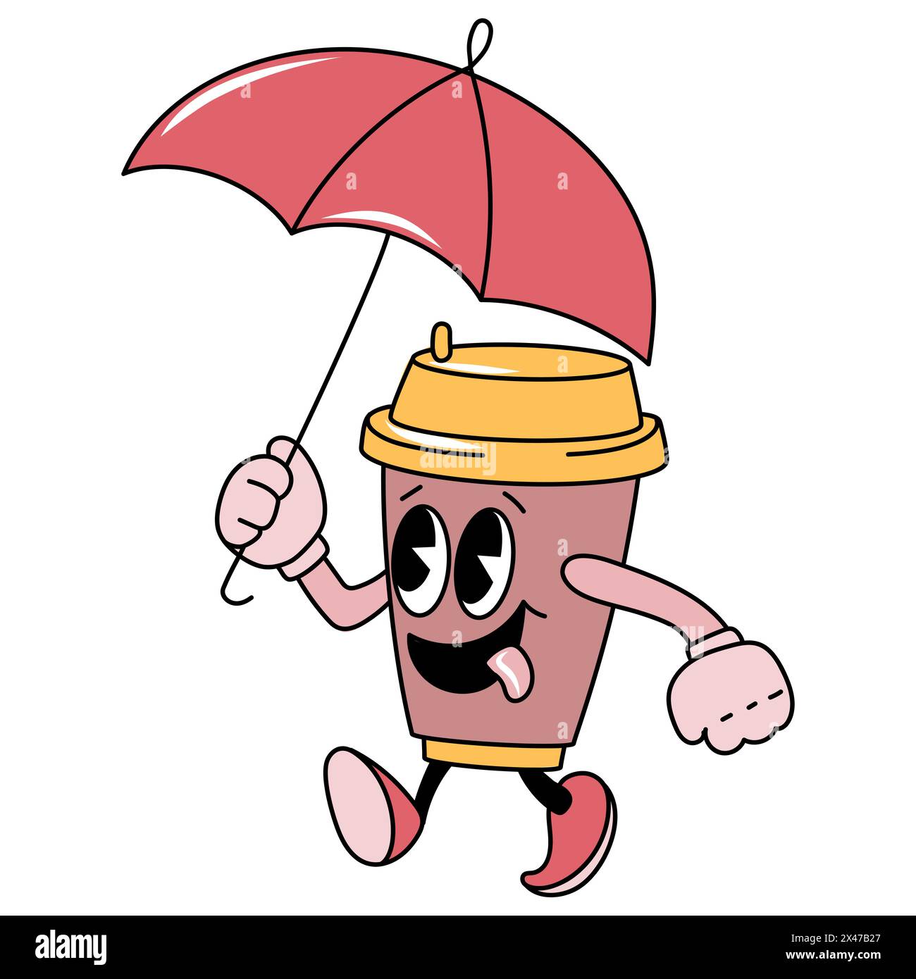 Vector groovy Cartoon coffee cup character holding a red umbrella, with ...