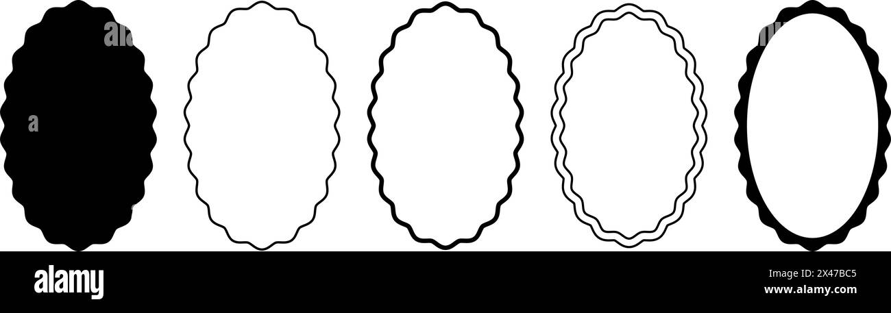 Set of oval frames with wavy borders. Elliptical shapes with curved ...