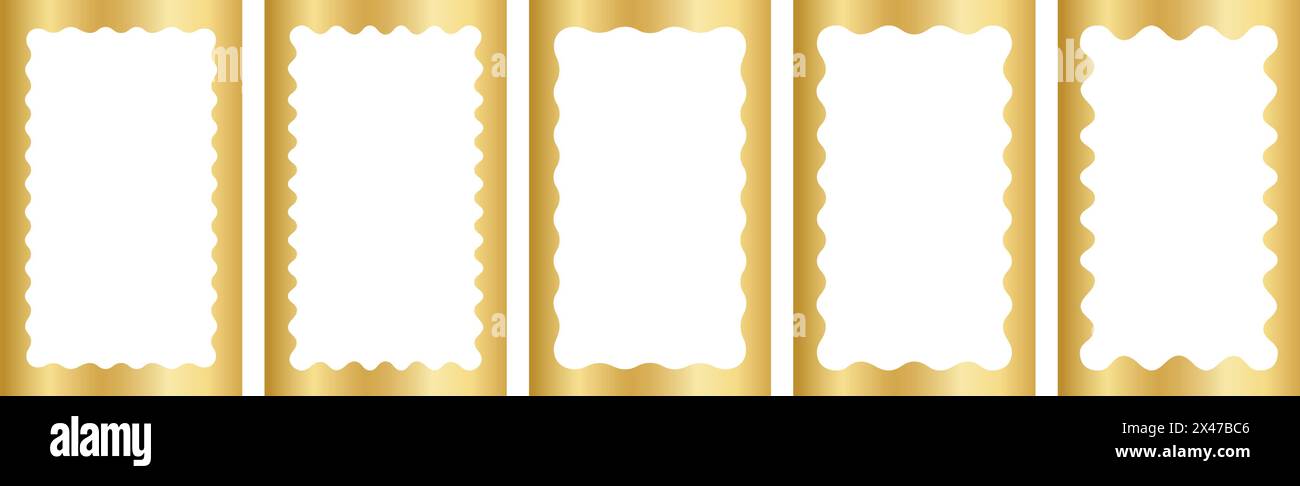 Set of gold rectangle frames with wavy inner borders. Mirror, photo or ...