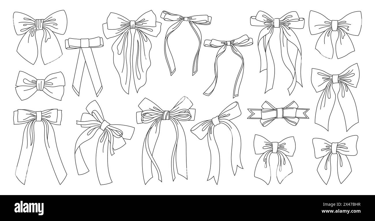 Ribbon bows hand drawn linear set. Trendy elegant outline bow for ...