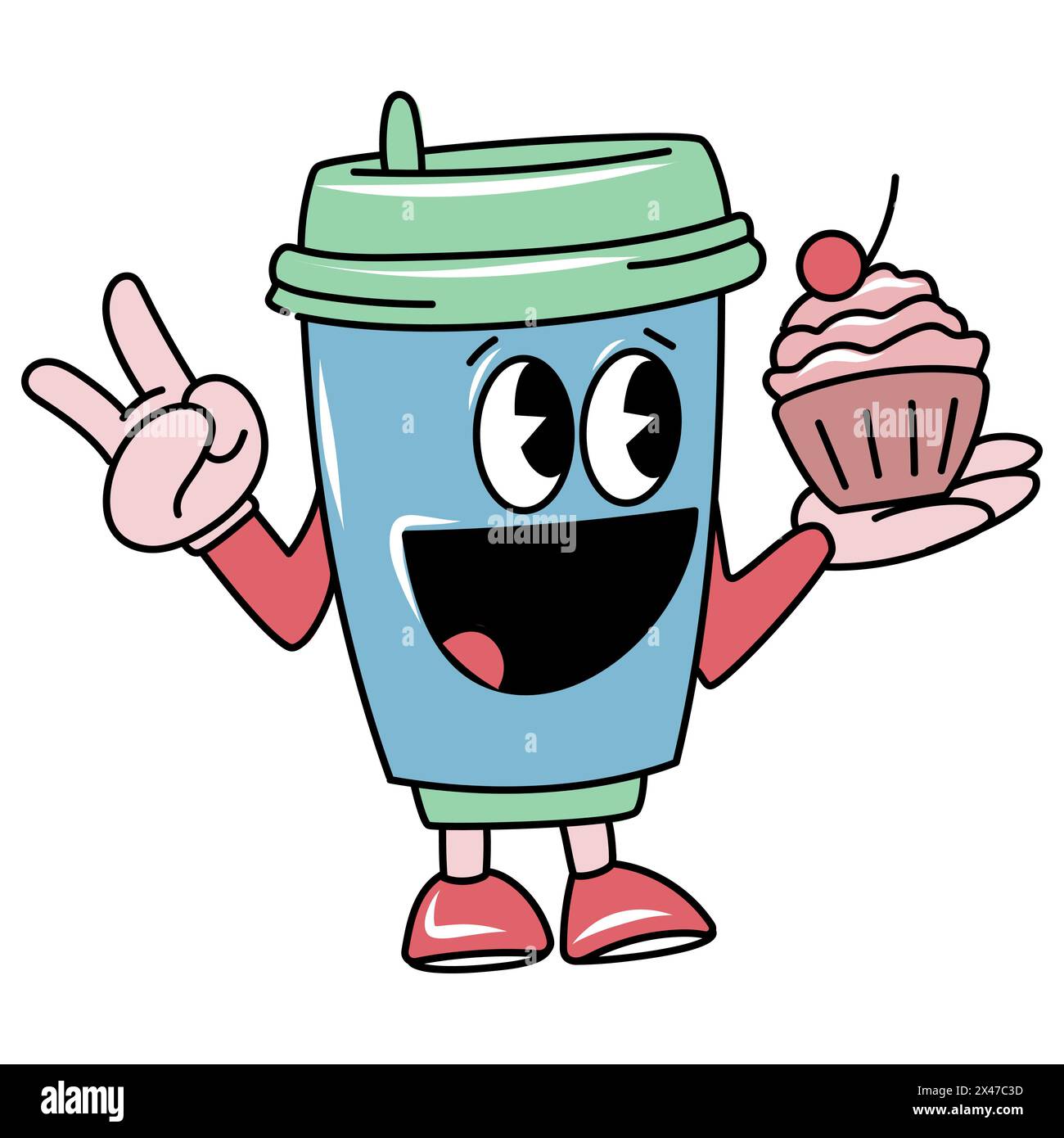 Vector vintage groovy Cartoon coffee cup character with green lid ...