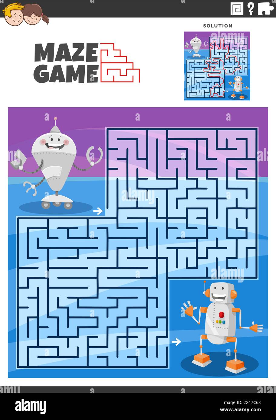 Cartoon illustration of educational maze puzzle game with two robots ...