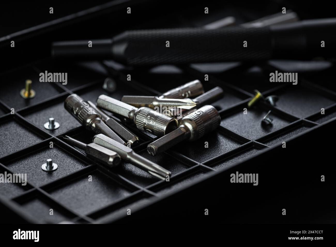 Torx drive bit and aluminum bit driver on black sorting tray. Screws ...
