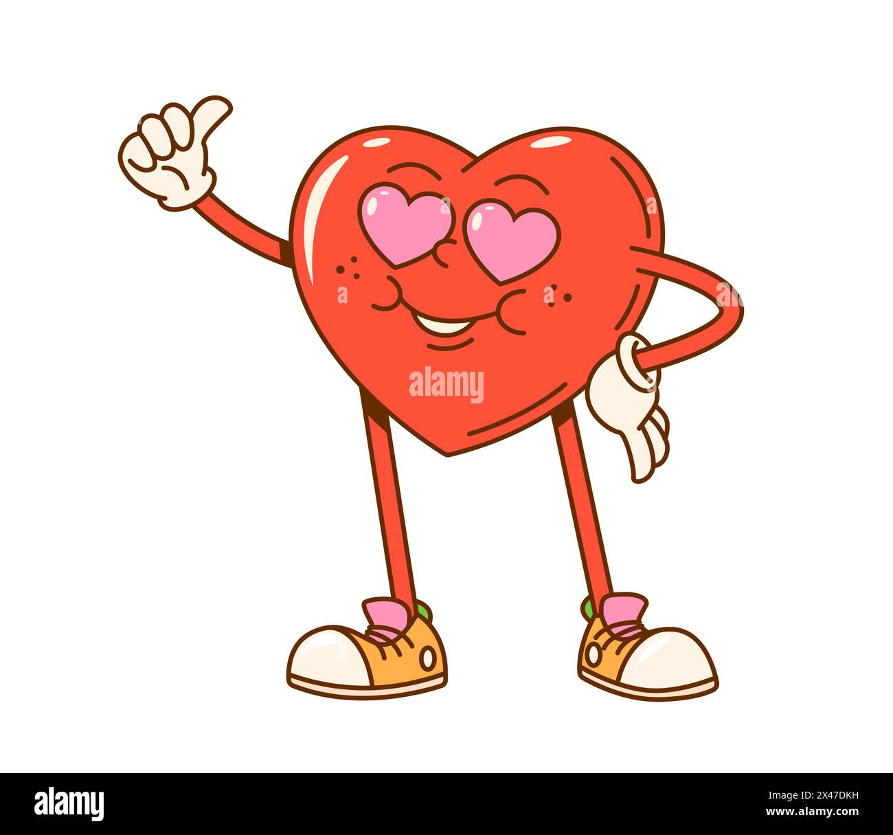 Cartoon groovy valentine love heart character with loving eyes ...