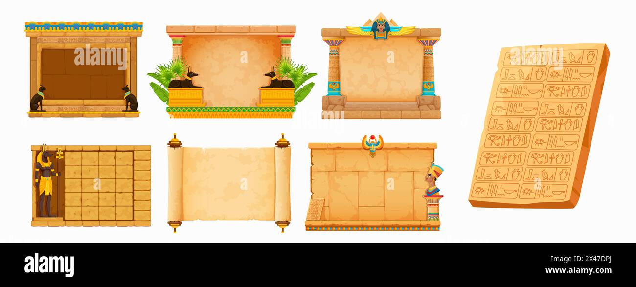 Arcade game frames, ancient Egypt. Vintage Egyptian stone wall and ...