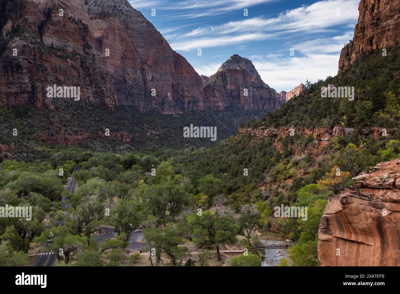 Landscape of the Zion National Park canyon with blue skies and white ...