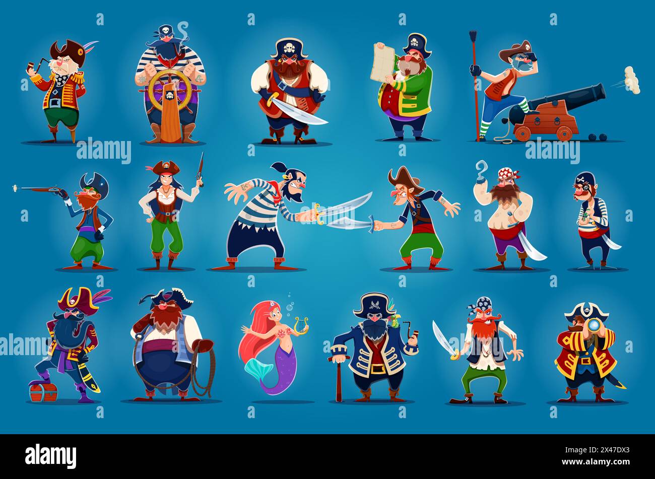 Cartoon pirate captain, mermaid and corsair sailor characters set. Cute ...