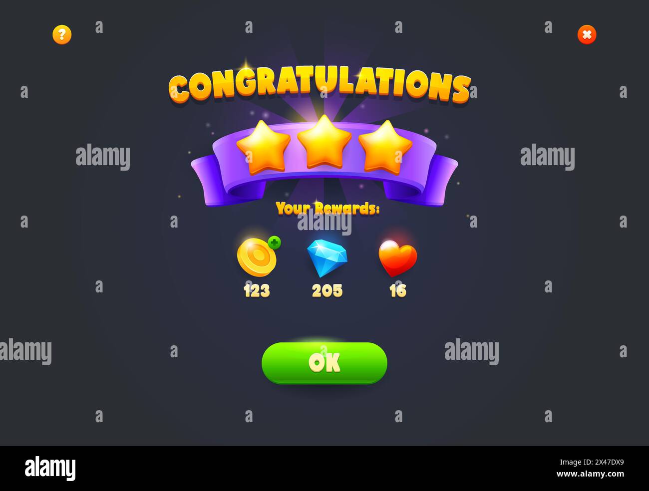 Game reward screen with bonuses and assets achieved summary, vector UI or GUI element. Game ...