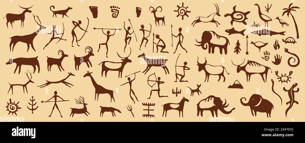 Prehistoric cave paintings, ancient art on rock wall. Stone vector ...