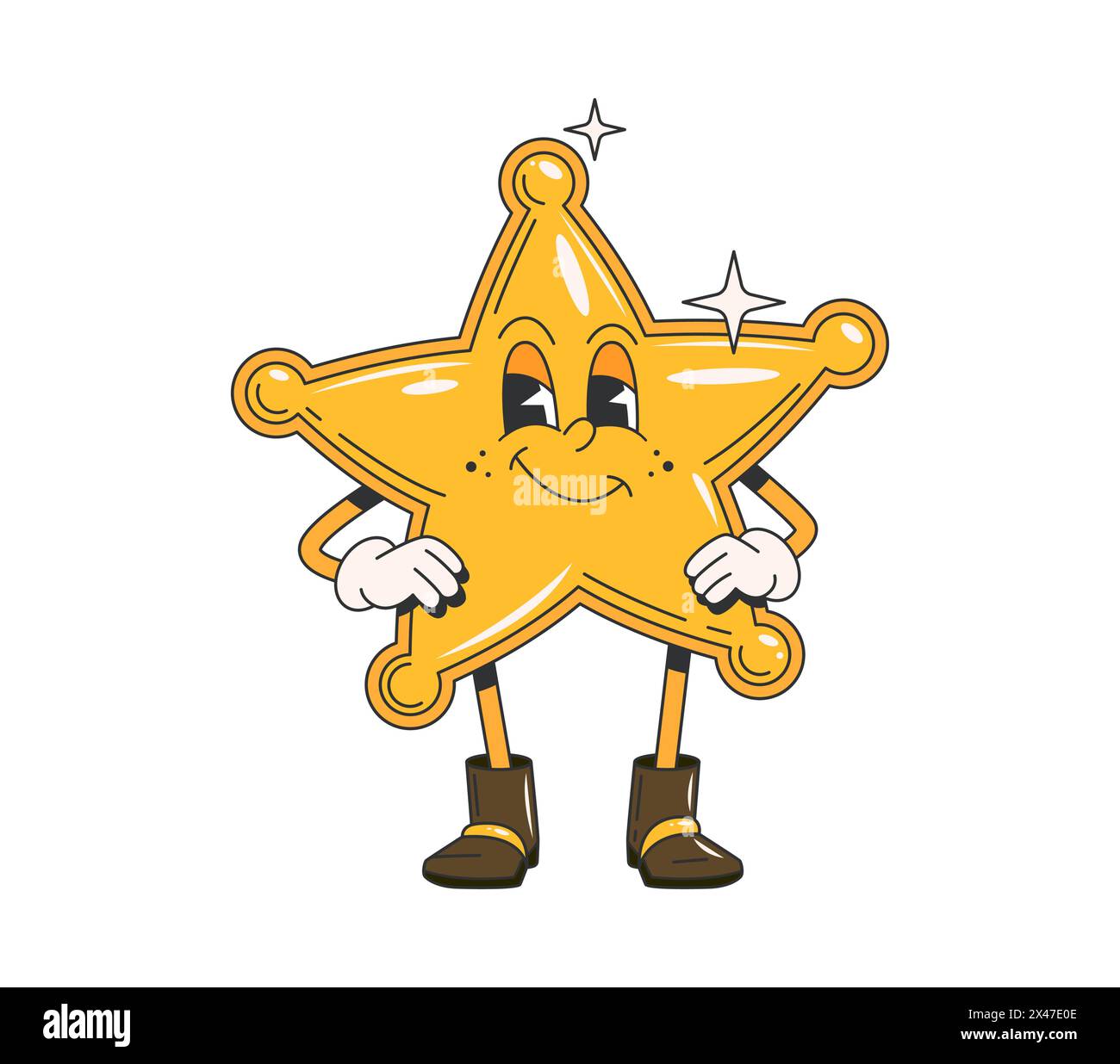 Cartoon retro groovy wild west sheriff star character gleam with ...