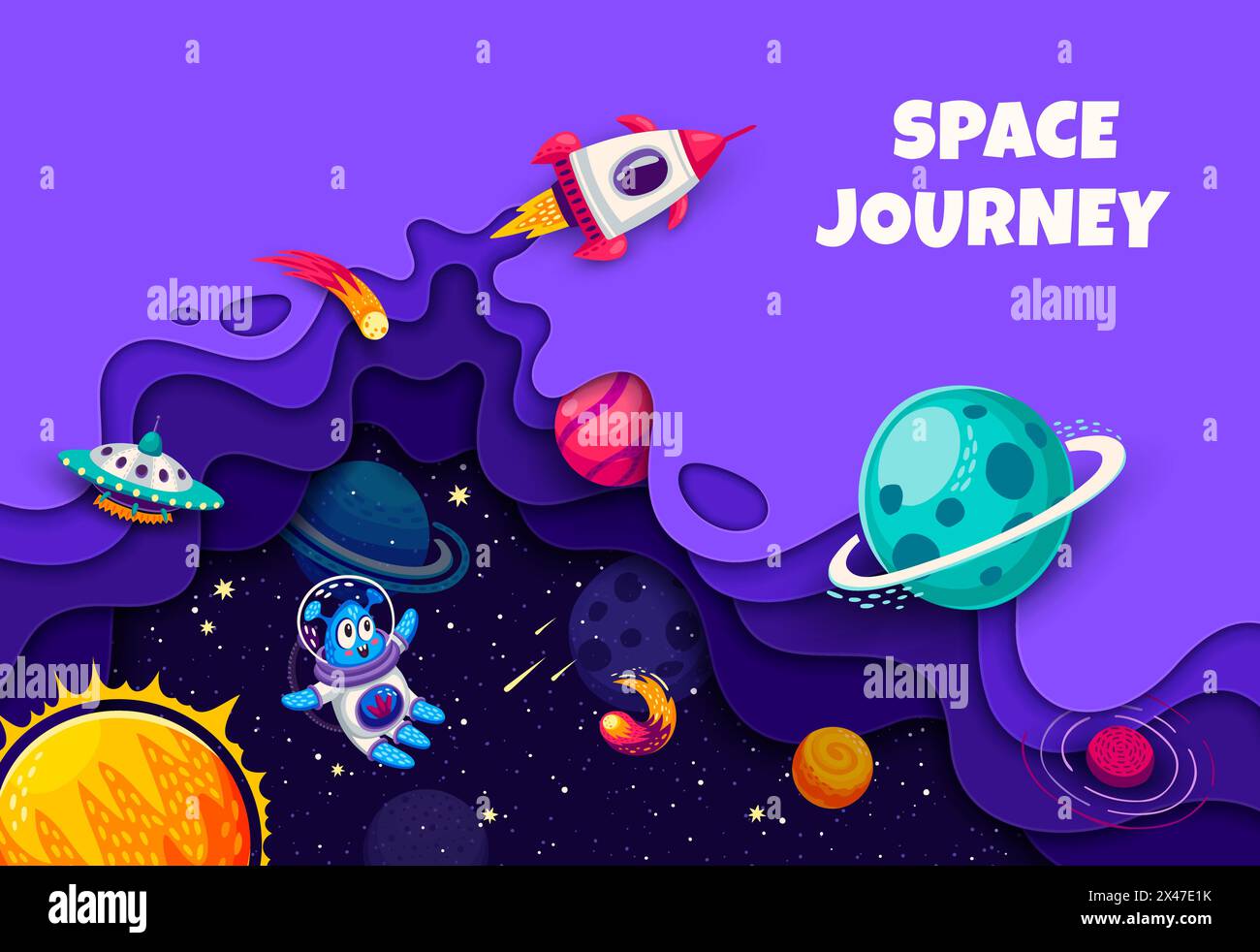 Cartoon paper cut space landscape with galaxy planets and rockets ...
