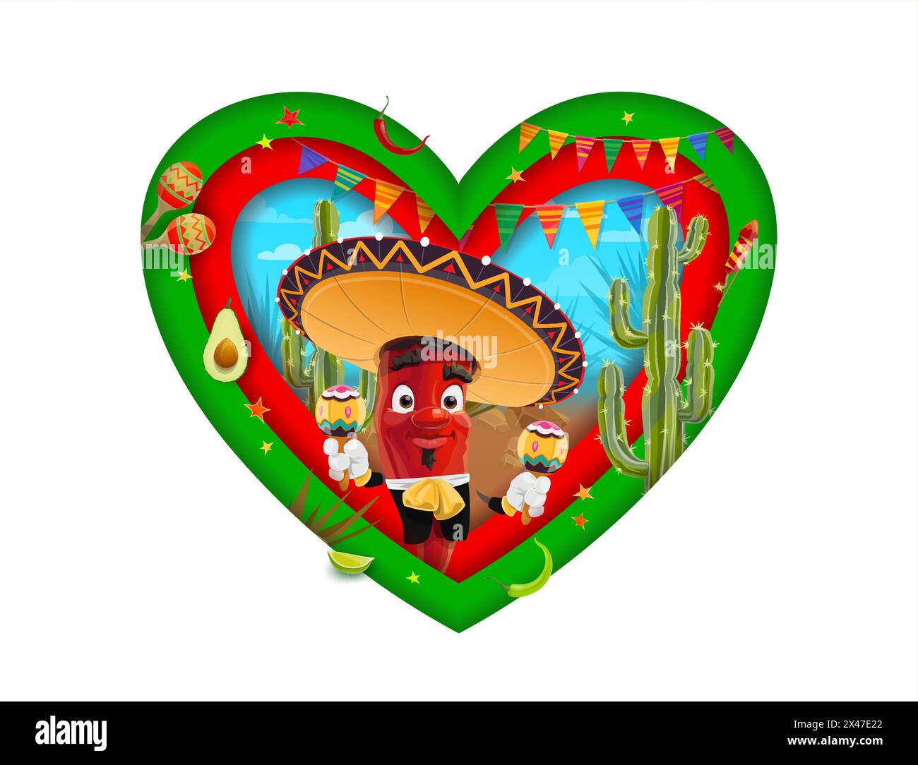 Love Mexico paper cut banner with chili pepper character in sombrero ...