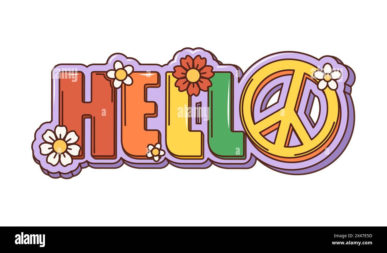 Cartoon retro groovy hippie hello sign. Isolated vector vibrant ...