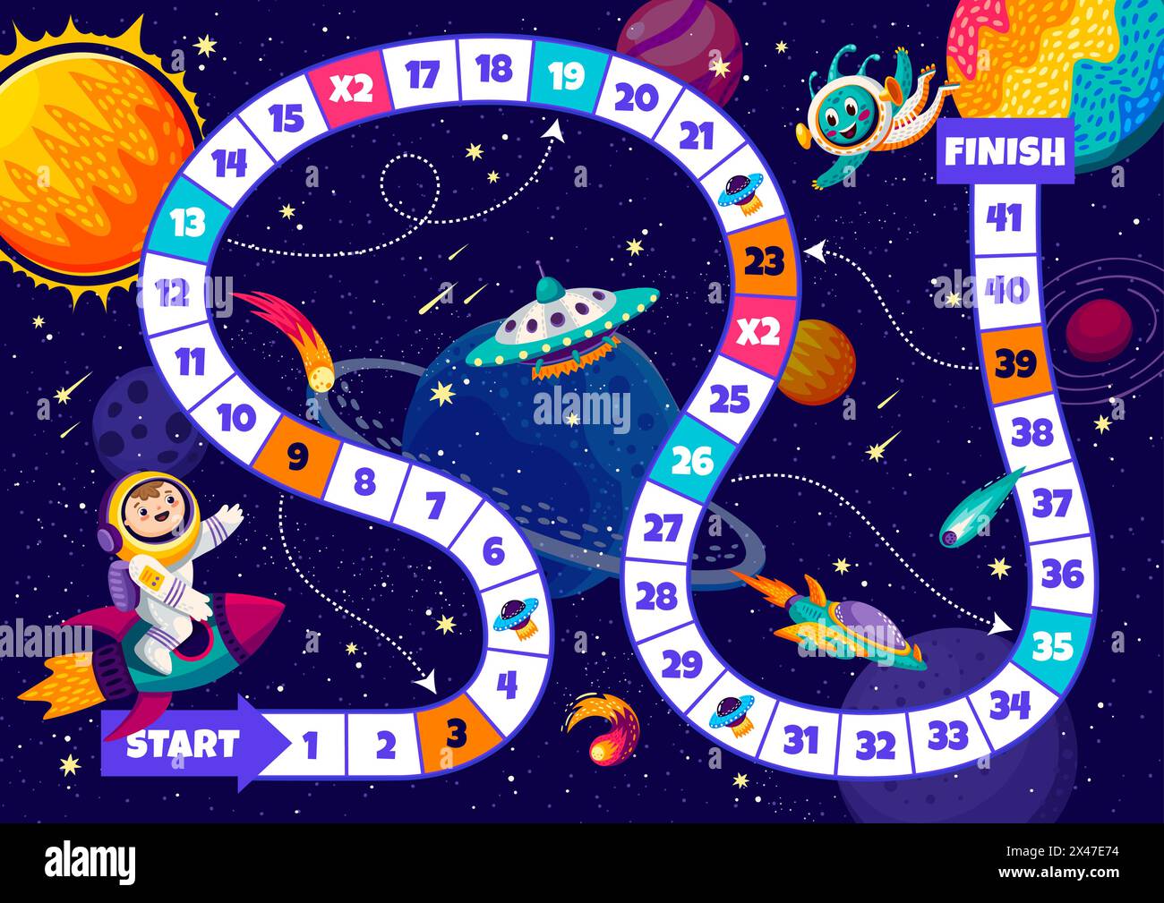 Kids board step game with kid astronaut and space planets. Vector ...