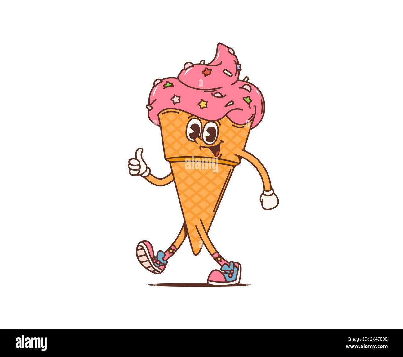 Cartoon retro ice cream cone groovy character or funky gelato dessert ...