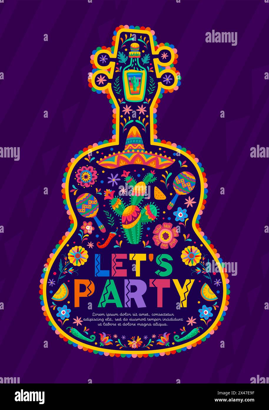 Mexican holiday party flyer with guitar frame border. Vector Mexico ...
