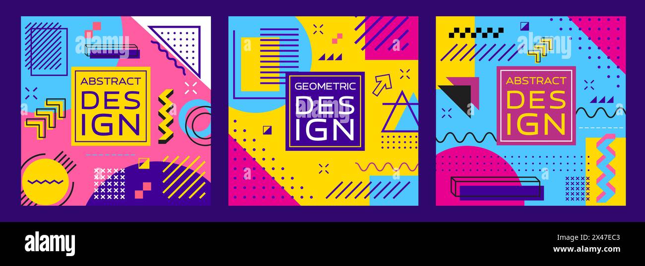 Abstract geometric Memphis banners. Modern square templates, feature ...