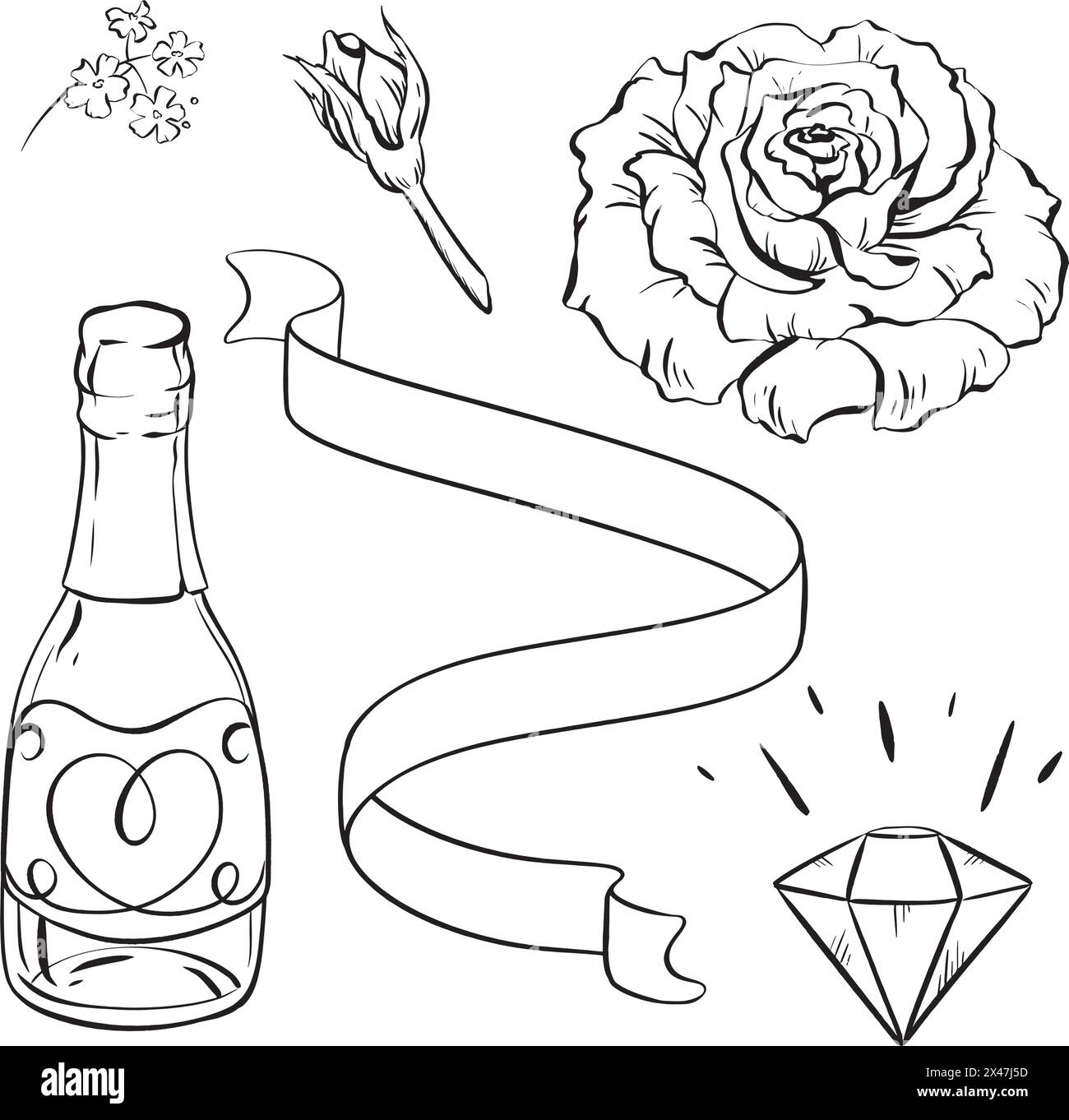 Monochrome drawing of a white flower, ribbon, champagne bottle, and ...