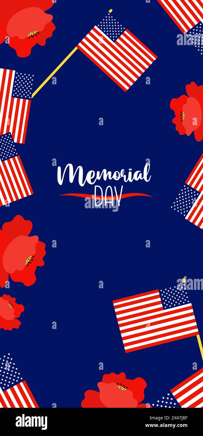 Memorial Day banner. American flags with poppies flowers on blue ...