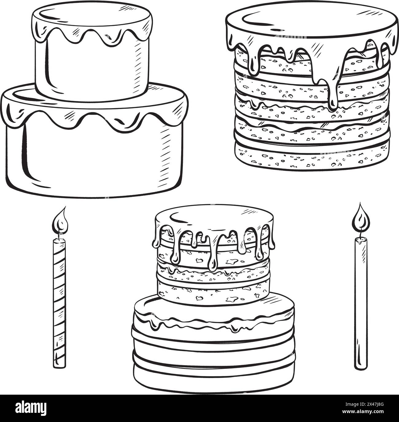 Various cakes and candles can be seen in this detailed drawing Stock ...