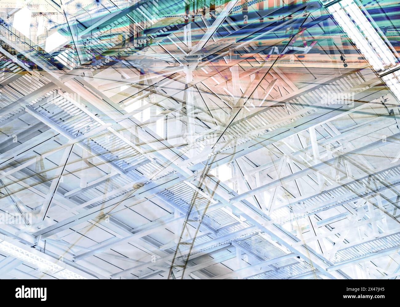 steel frame structure of metal industrial roof. multi exposure ...