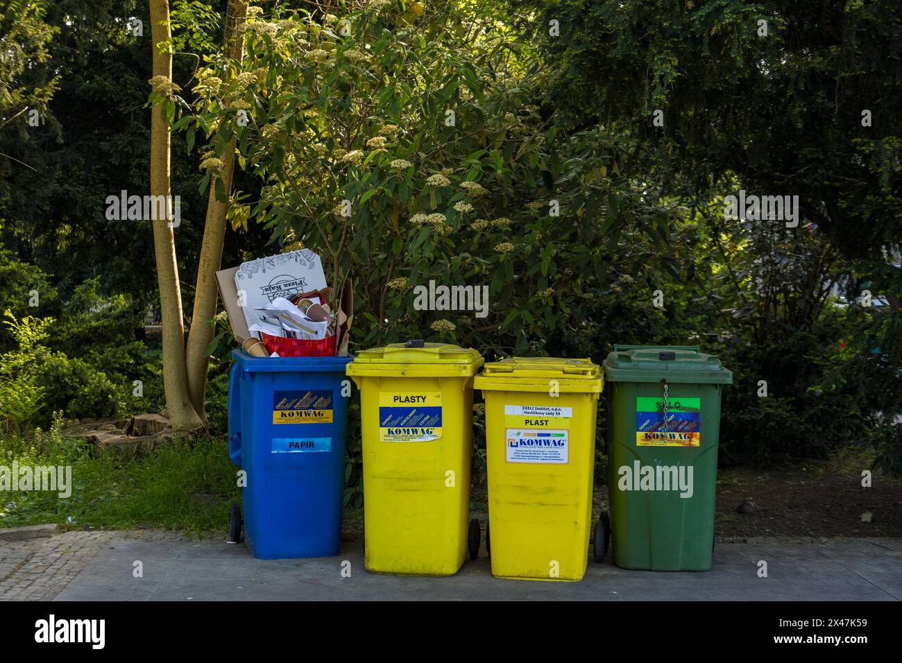 Prague, Czech republic - April 29, 2024:Trash cans in Havlicek garden ...