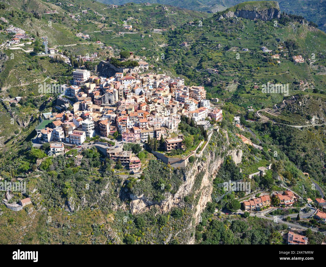 AERIAL VIEW. Medieval hilltop village of Castelmola. Metropolitan City ...
