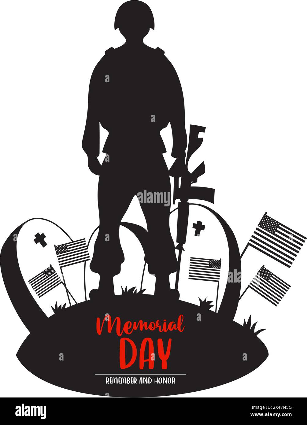 Memorial Day card. Veterans Cemetery. Military soldier with weapons ...