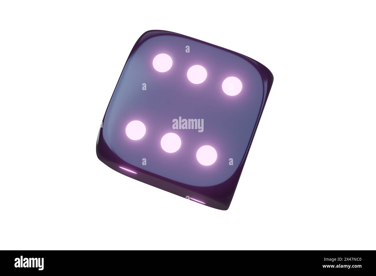 A magenta dice with three electric blue dots on it on a white ...
