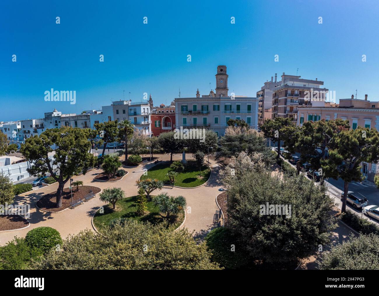 Drone view of Fontanelle park in the centre of Monopoli, a beautiful ...