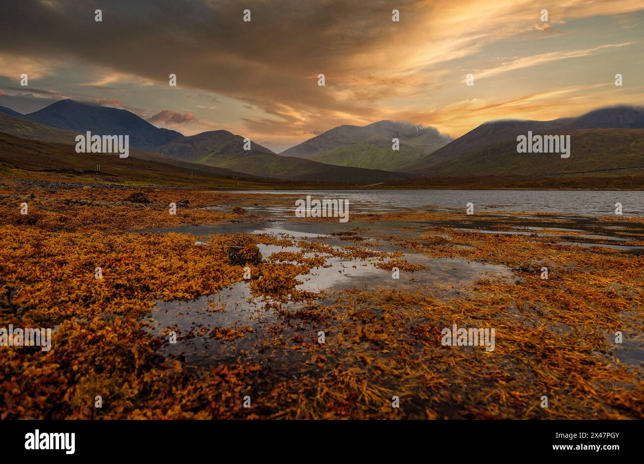 Dramatic view of Scottish loch lake and mountains with golden evening ...