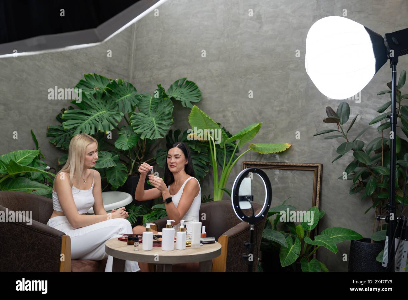 Two beautiful content creator making natural beauty and cosmetic ...