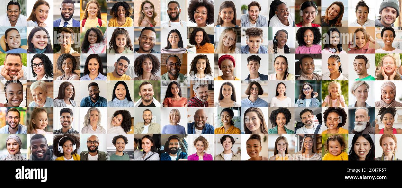 Diverse population depicted in a collage, smiling faces Stock Photo - Alamy