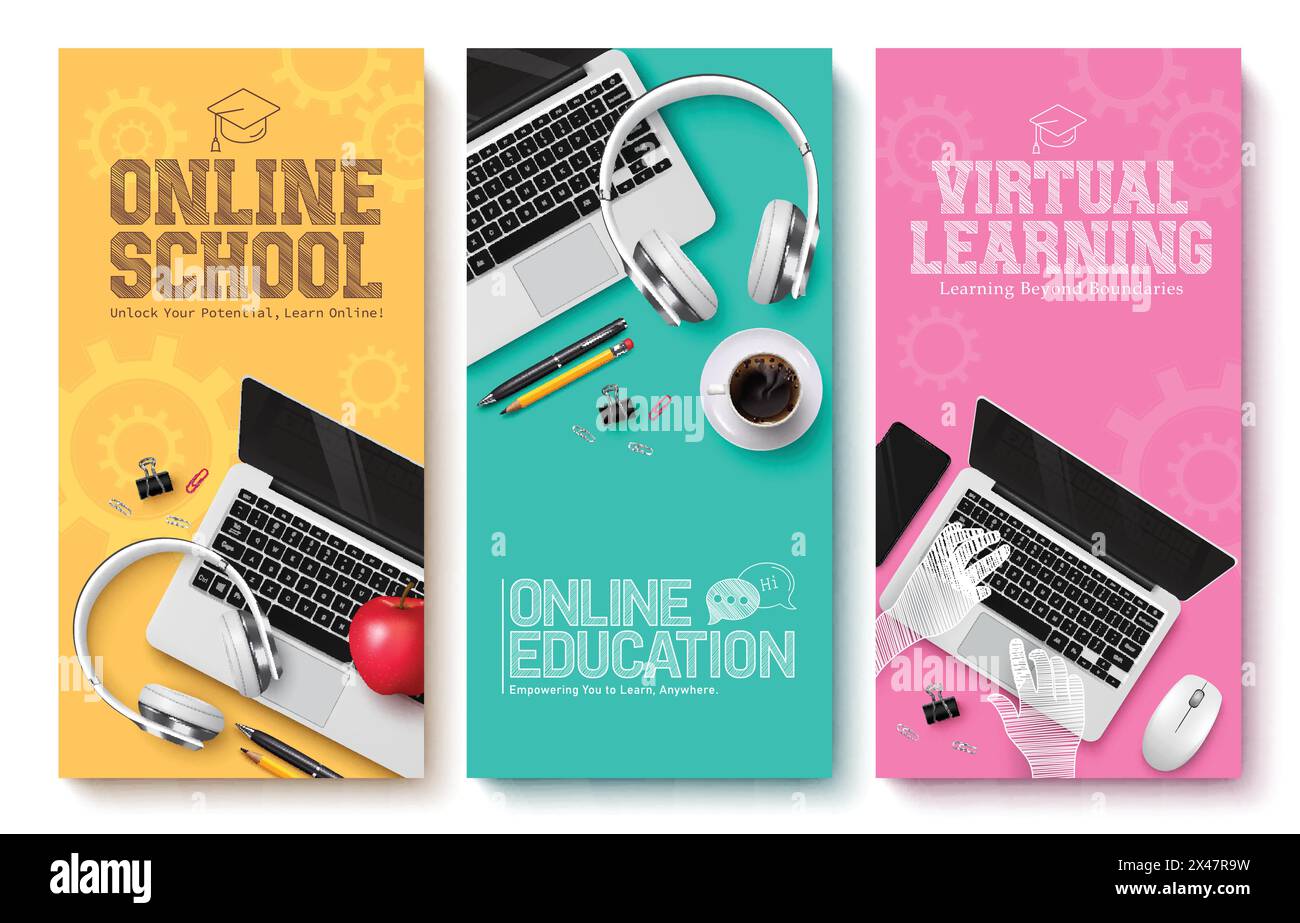 Online school education vector poster set design. Back to school online education and virtual ...