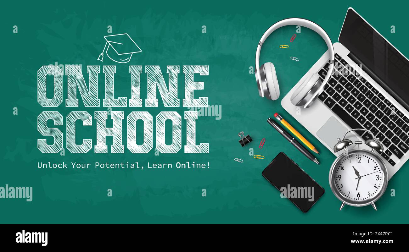 Online school vector template design. Back to school online school text ...