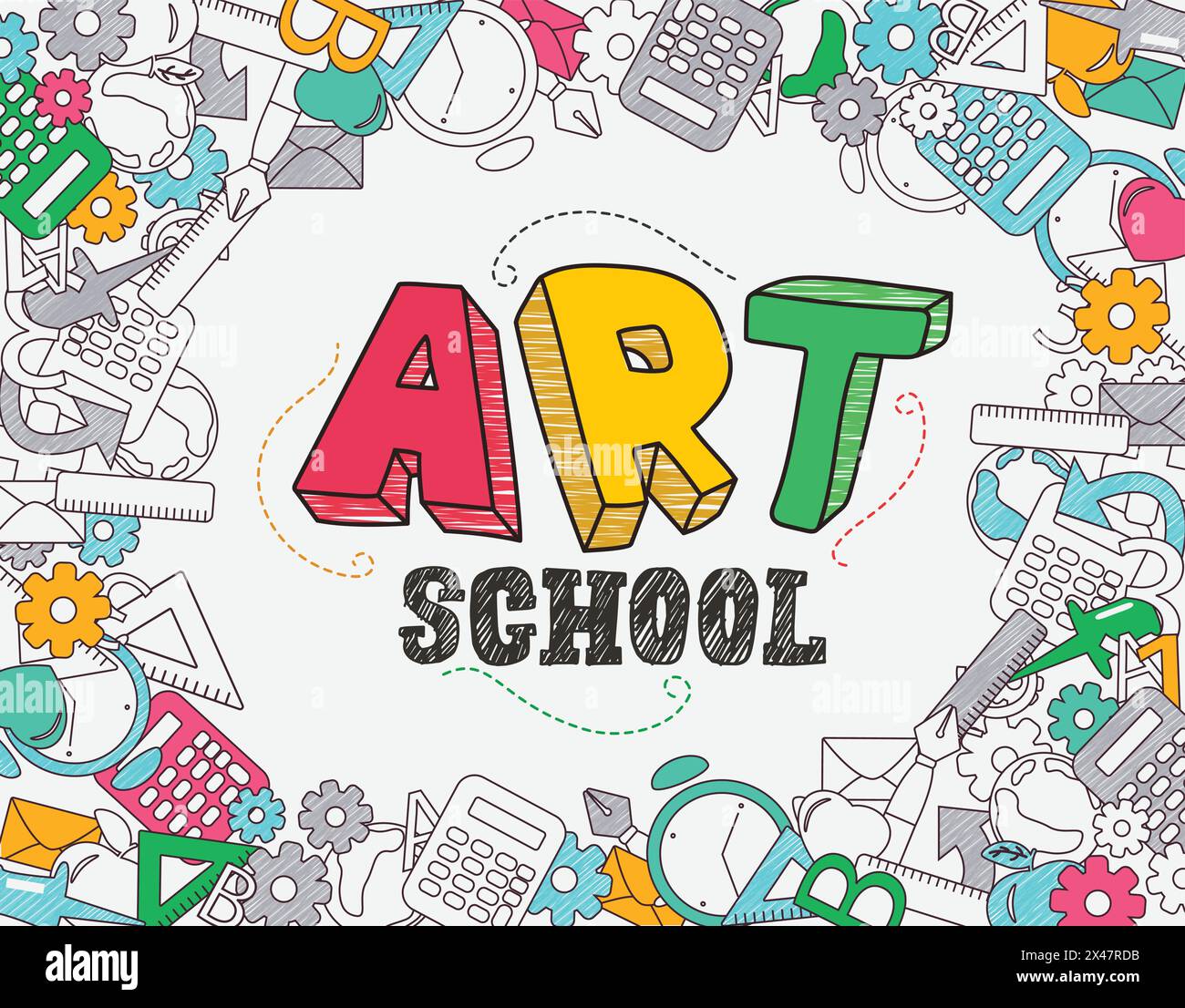 Art school vector template design. Back to art school text with ...