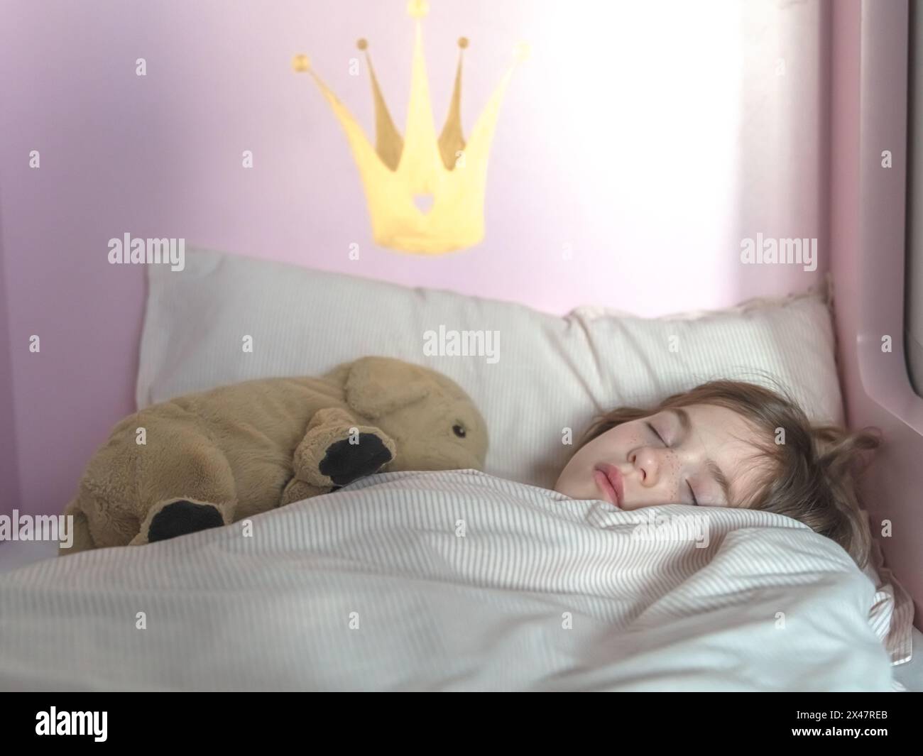 cute little girl sleeps in bed with soft toy Stock Photo - Alamy