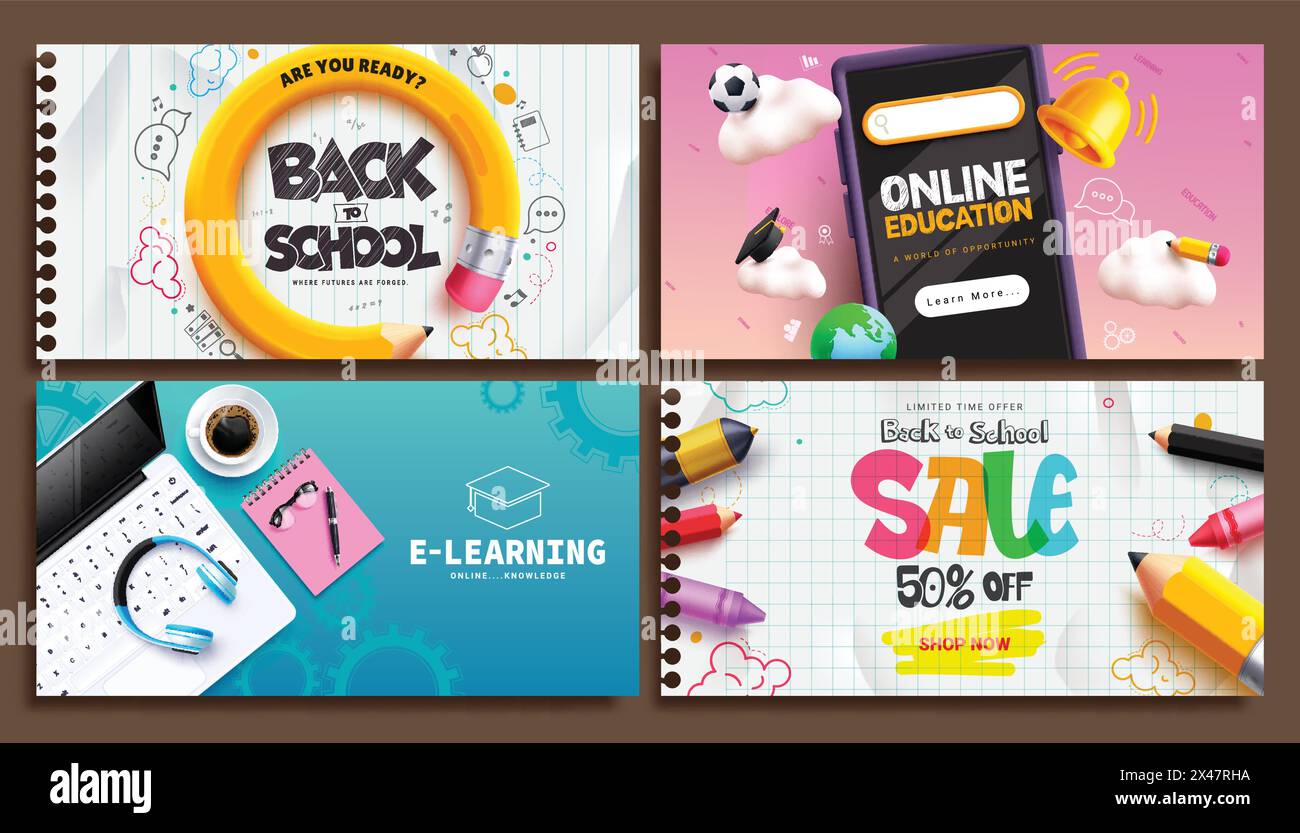 Back to school e learning vector banner set design. Back to school ...