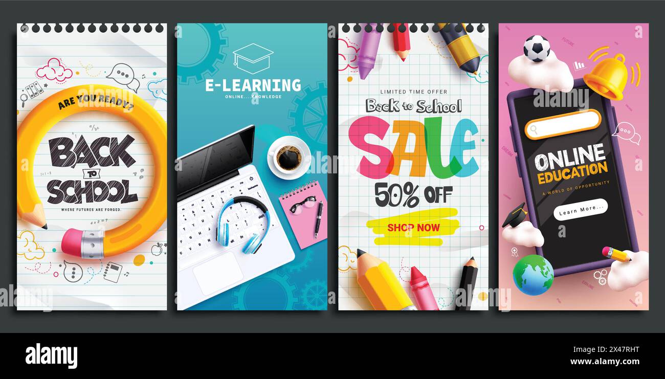 Back to school e learning vector poster set design. Back to school ...