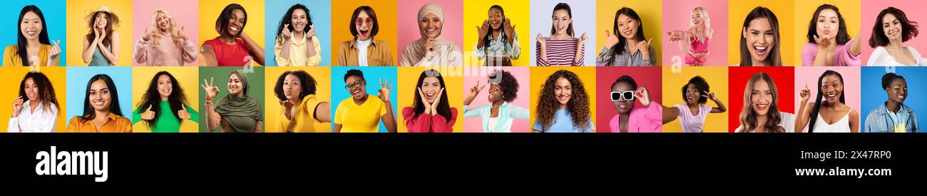 Multi-ethnic women faces showing varied expressions on colorful ...