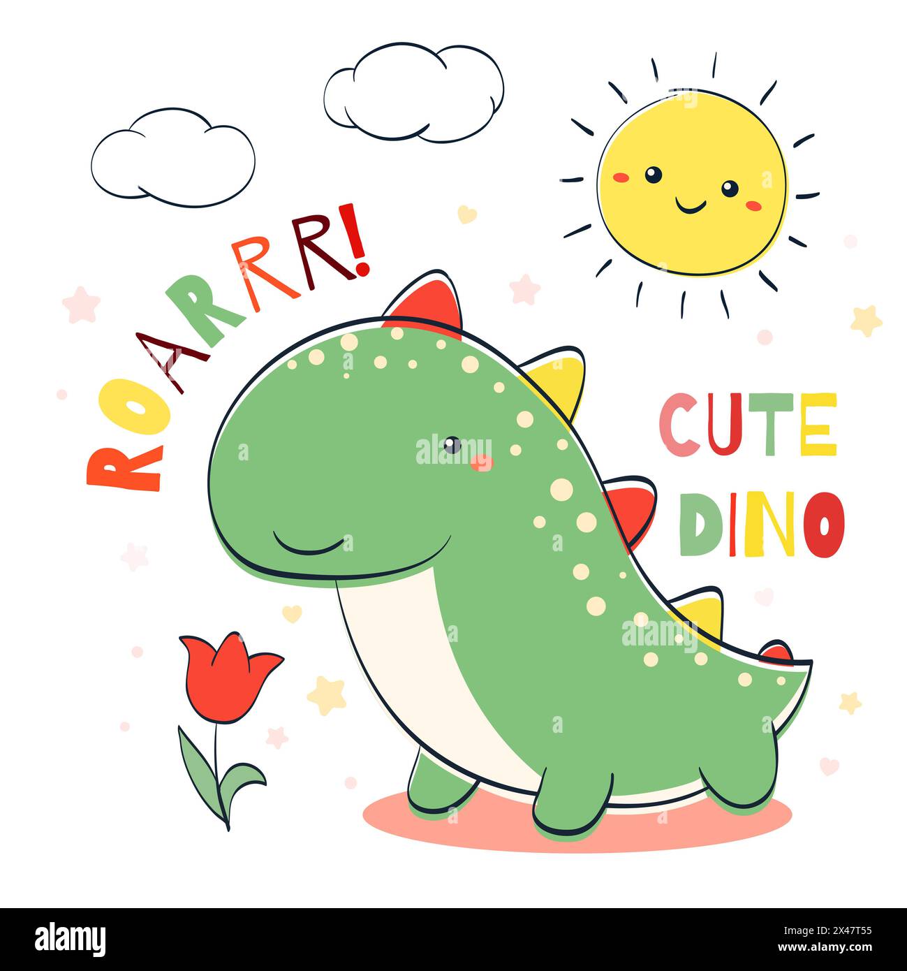 Doodle style illustration with cute dino, cloud, sun and flower. Sketch ...