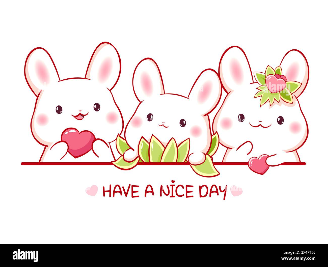 Set of little bunny with pink heart in kawaii style. Easter collection ...