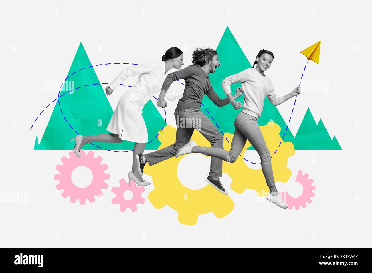 Collage artwork image of funny people running fast work career ...