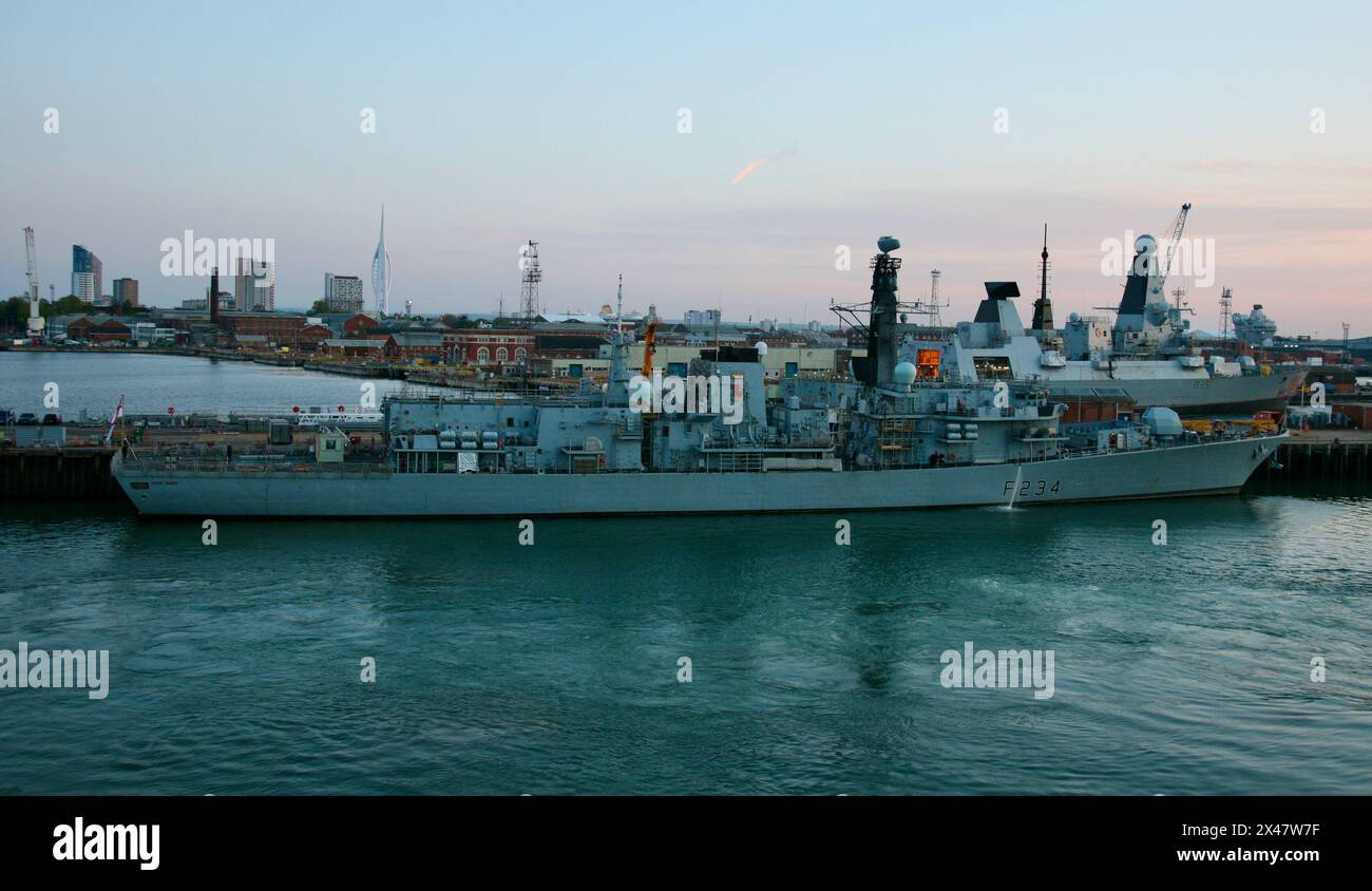 A view of the British warship F234 The Iron Duke, at Portsmouth harbour ...
