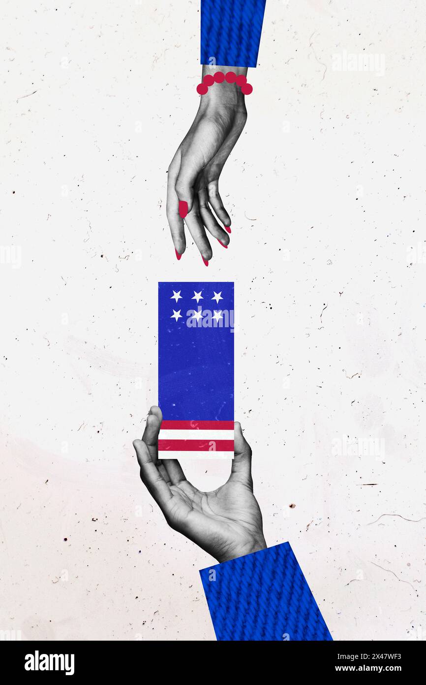 Vertical photo collage of people hands give sheet usa ballot paper ...